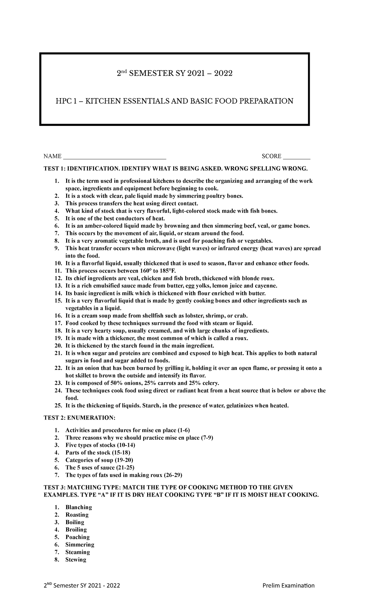 HPC 1 – Kitchen Essentials AND Basic FOOD Preparation - 2 nd SEMESTER ...