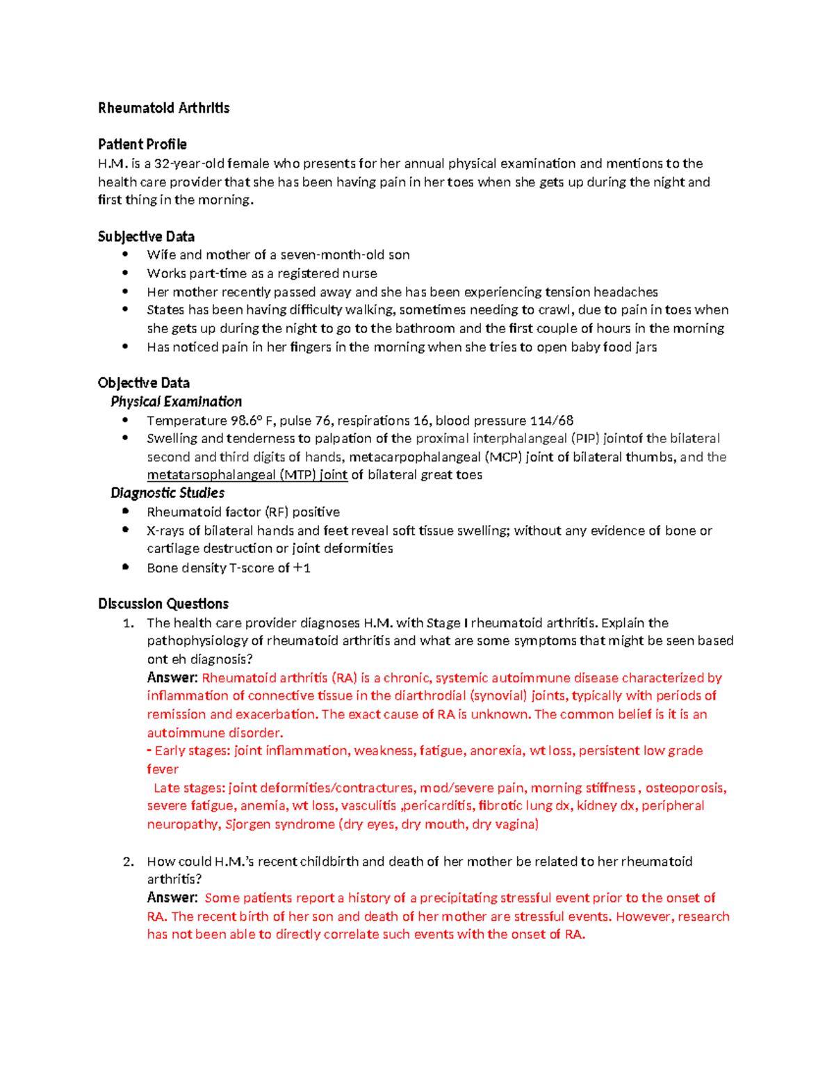 Rheumatoid Arthritis case study KEY (updated S23) - Rheumatoid ...