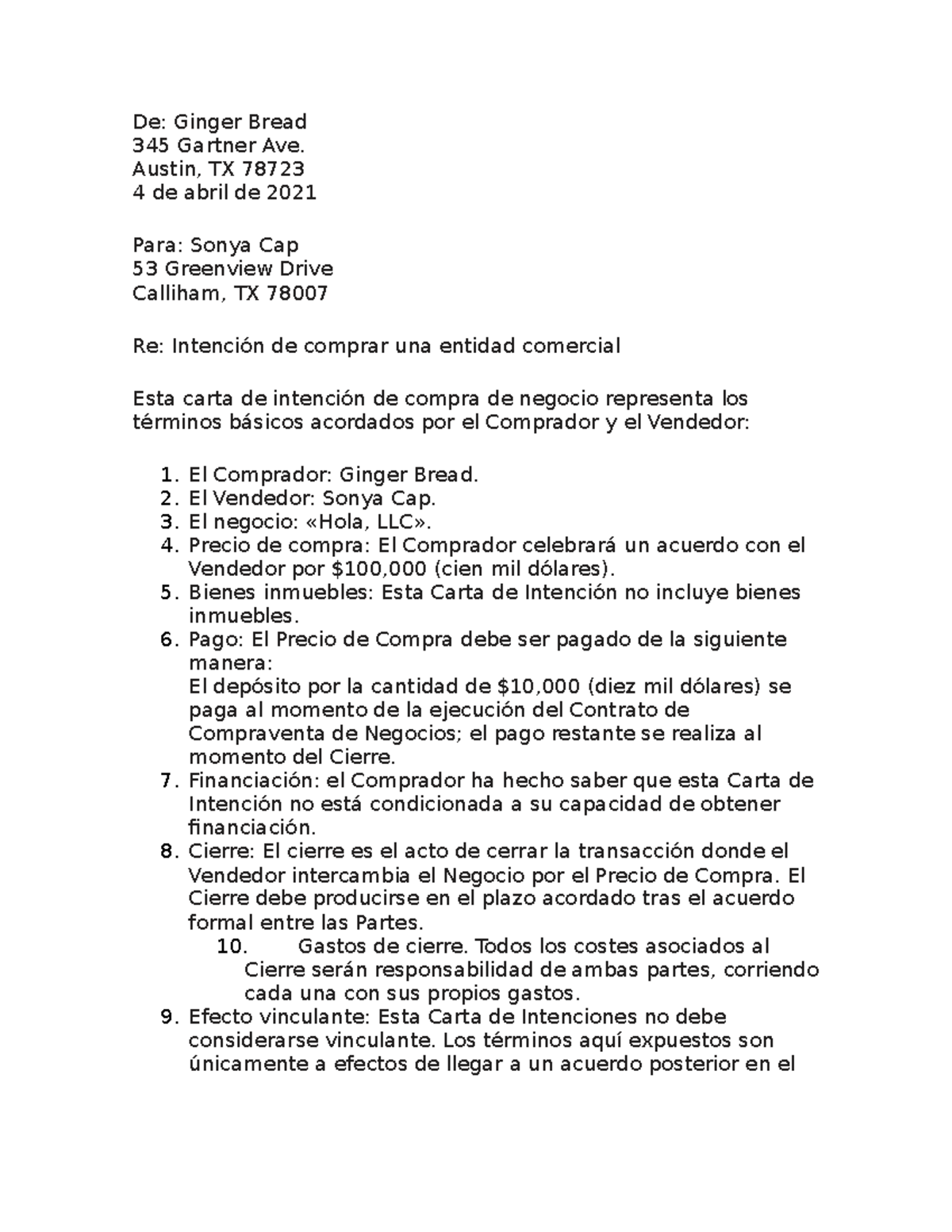 Carta de oferta de venta - De: Ginger Bread 345 Gartner Ave. Austin, TX ...