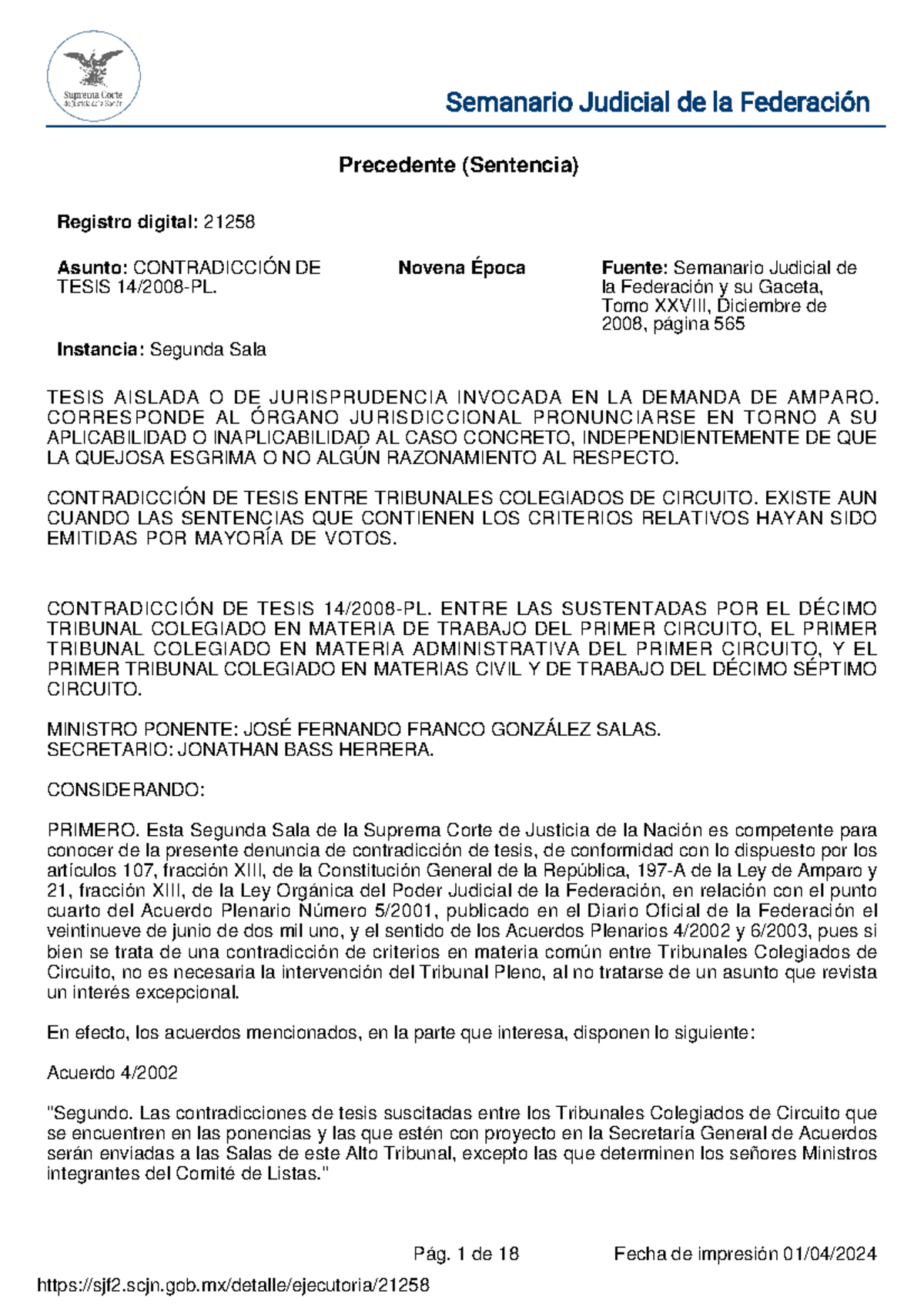 Precedente (Sentencia)21258 - Precedente (Sentencia) Registro digital ...