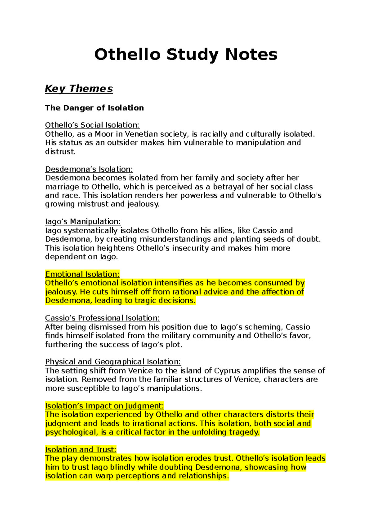 Othello Study Notes - His status as an outsider makes him vulnerable to ...