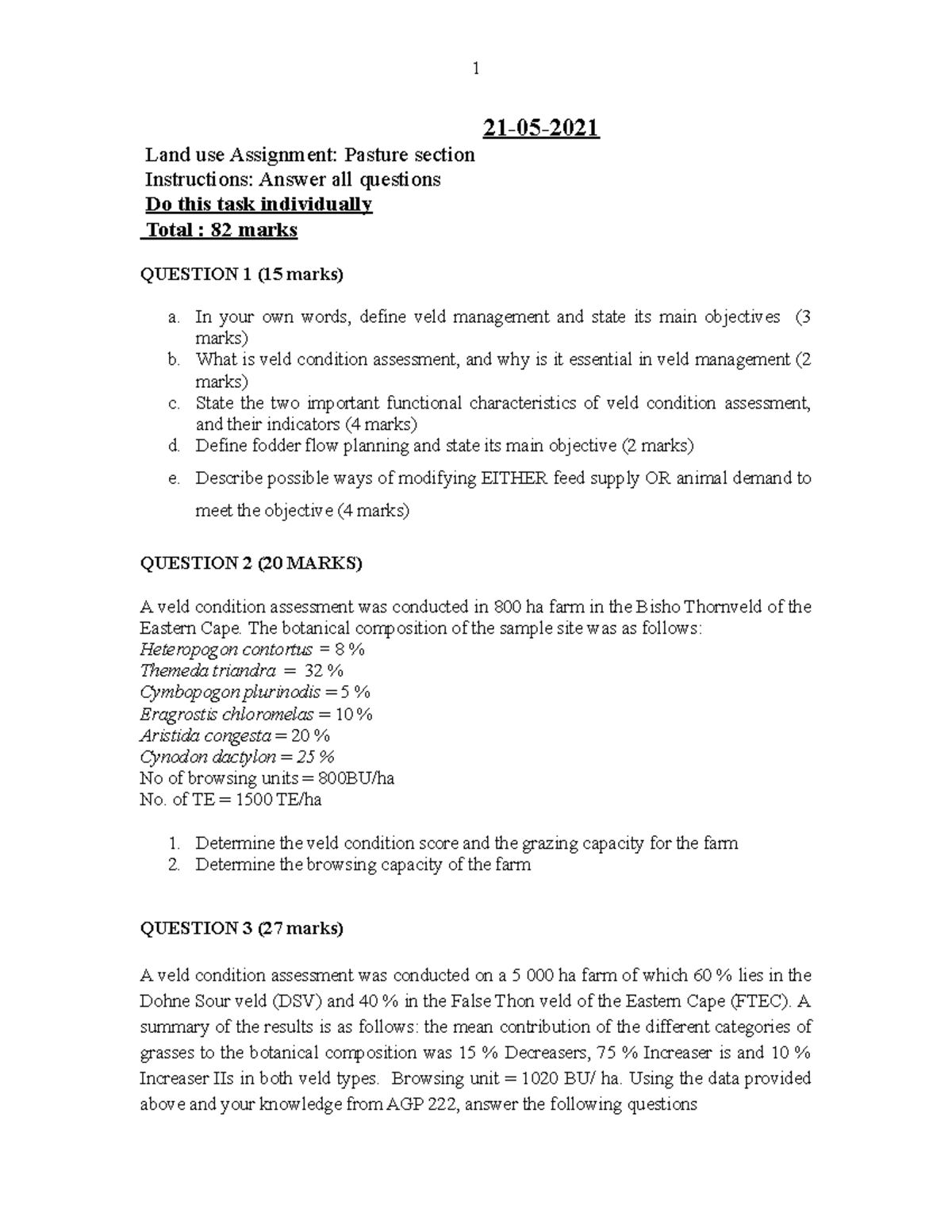 AGP 222 assignment 2 and memo for 2021 - 21-05- Land use Assignment: Pasture section ...