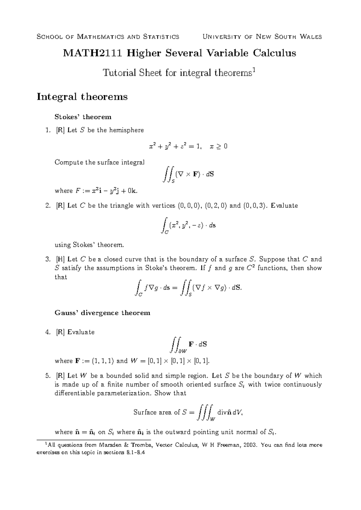 Tutorial Integral Theorem - School of Mathematics and Statistics ...
