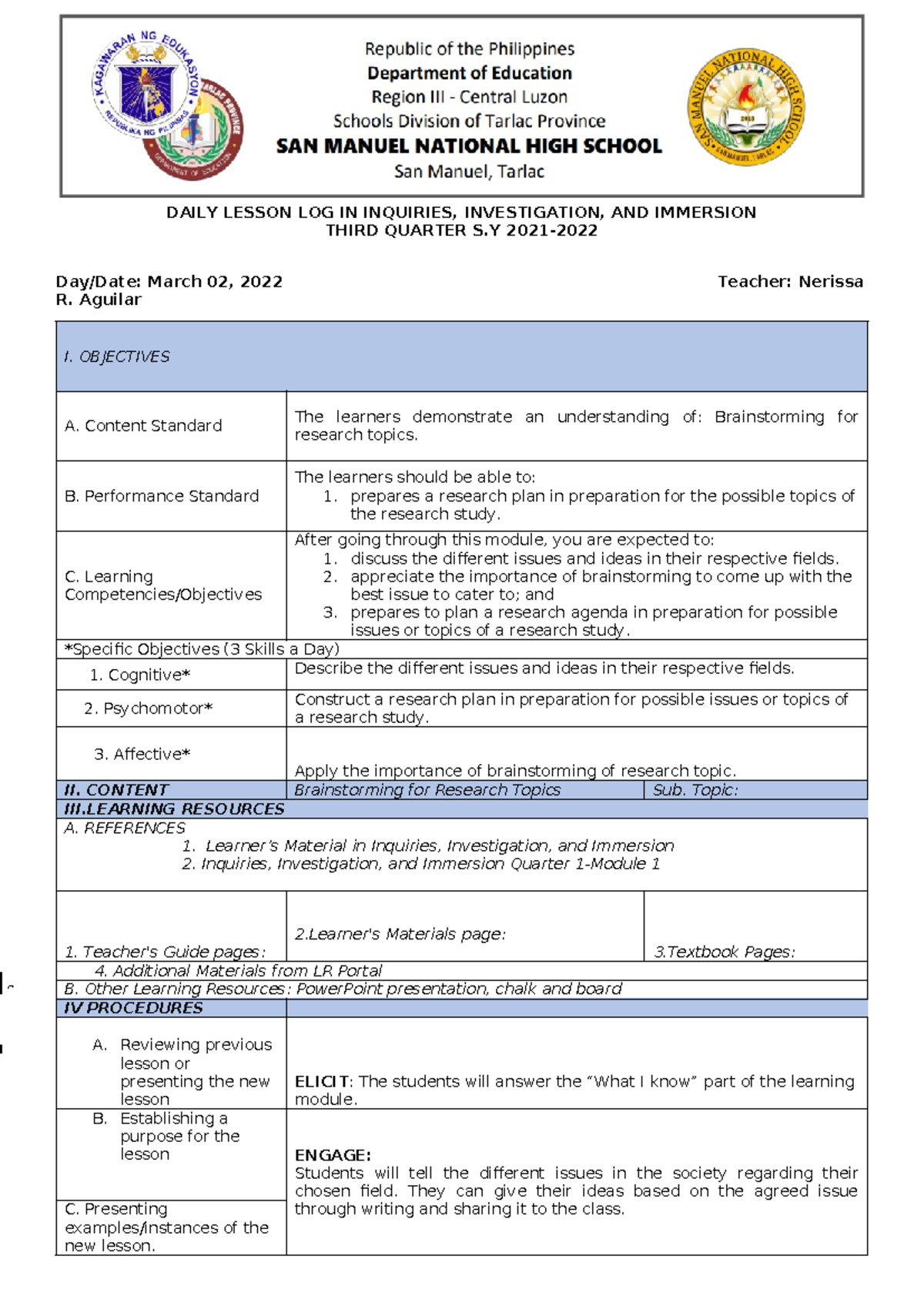 561689675 Daily Lesson LOG IN 3I s - DAILY LESSON LOG IN INQUIRIES ...
