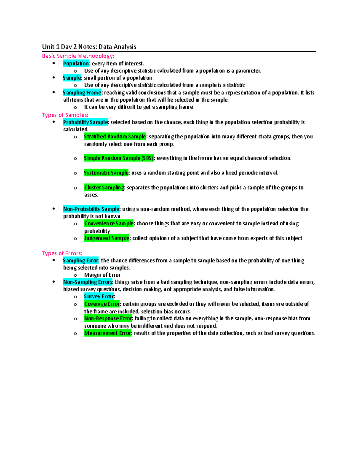 Unit 1 Day 2 Notes Unit 1 Day 2 Notes Data Analysis Basic Sample