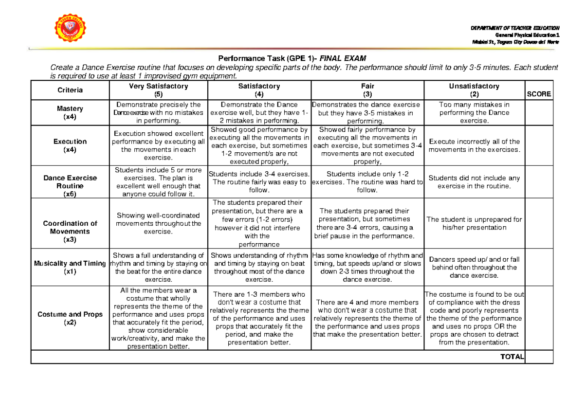 GPE 1 Rubrics FOR Final EXAM ( Dance Exercise) 0 - DEPARTMENT OF ...