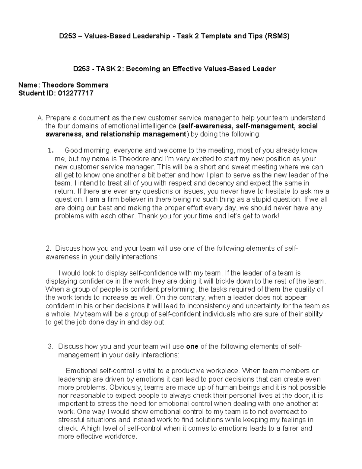 D253 Task 2 Passed First Attempt - D253 – Values-Based Leadership ...