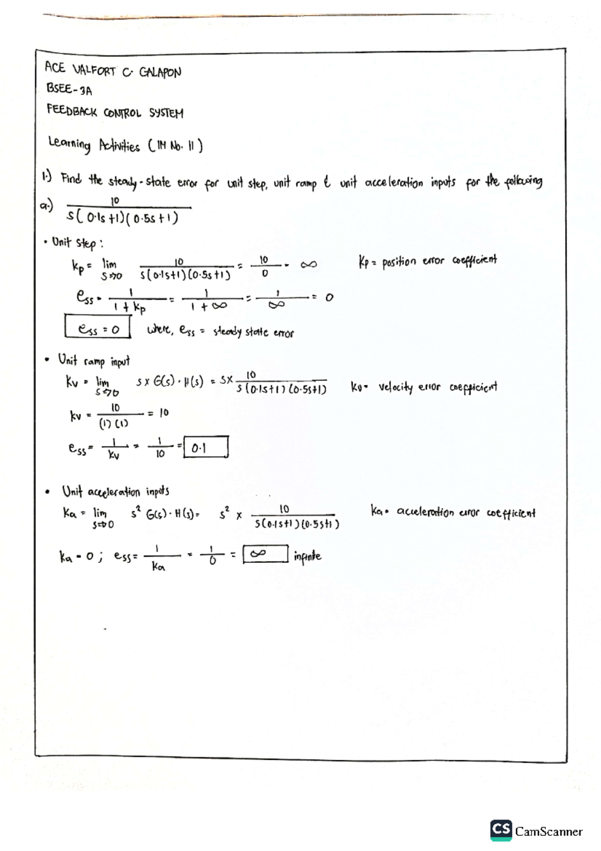 FCS LA 11 - Activities and Assignment on the Subject Feedback Control System BSEE 3 - Studocu