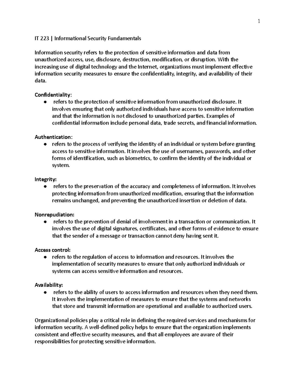 IT 223 Informational Security Fundamentals notes - 1 IT 223 ...