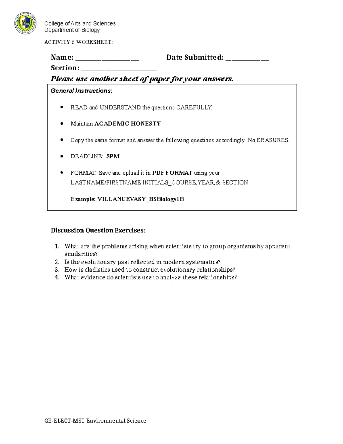 Activity Worksheet - Module 6 - Animal Systematics - College of Arts ...