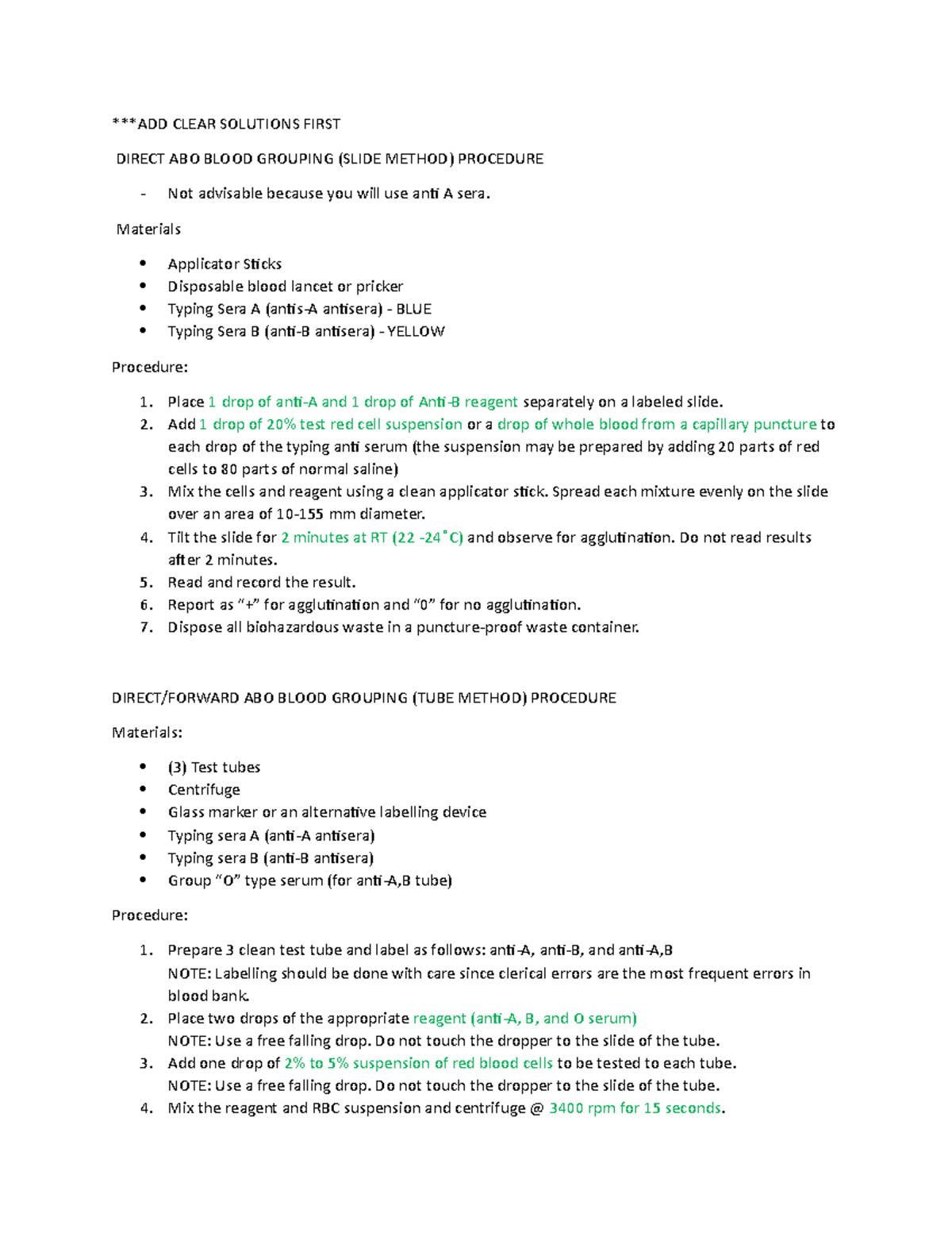ABO Antigens Blood Typing - ***ADD CLEAR SOLUTIONS FIRST DIRECT ABO ...