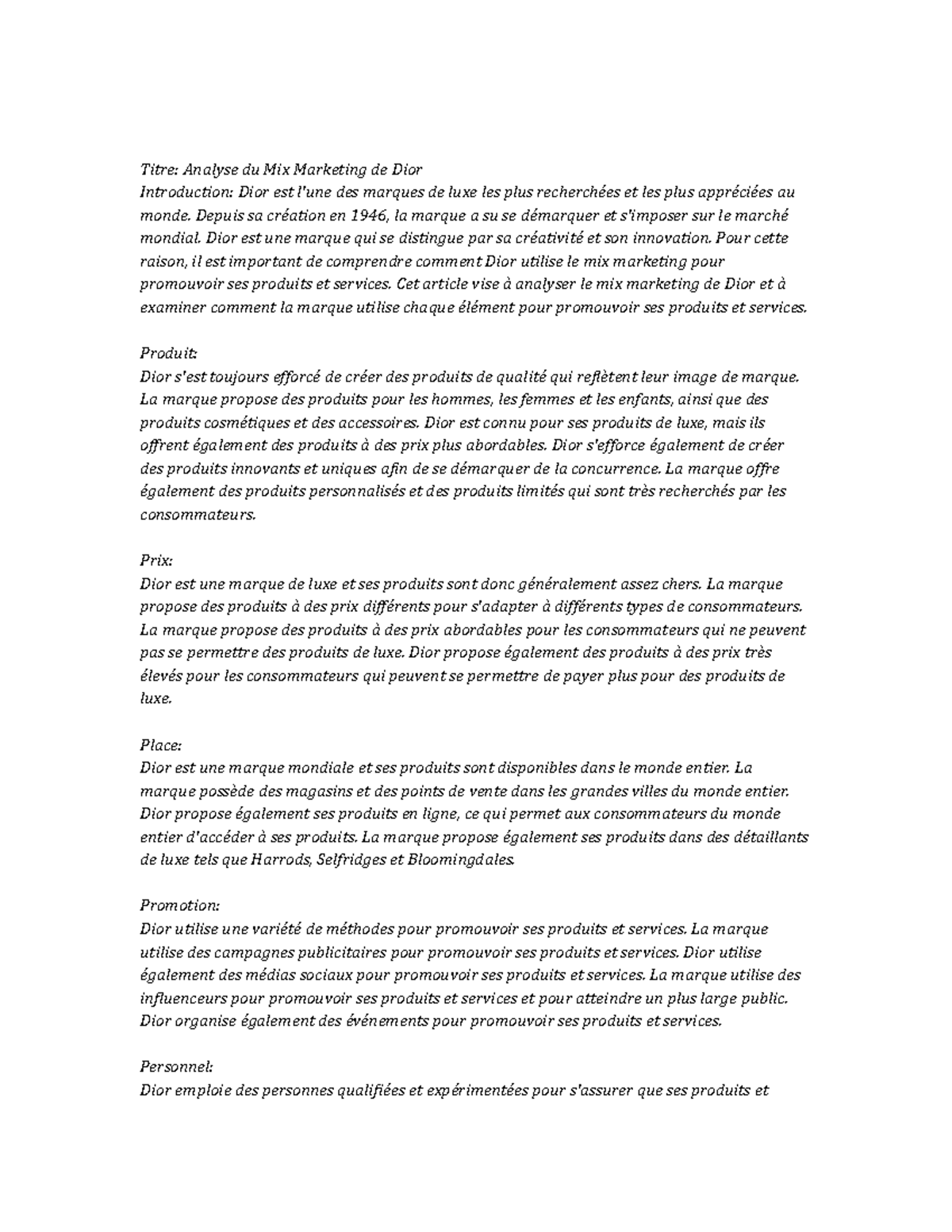 Dior marketing mix - Titre: Analyse du Mix Marketing de Dior ...