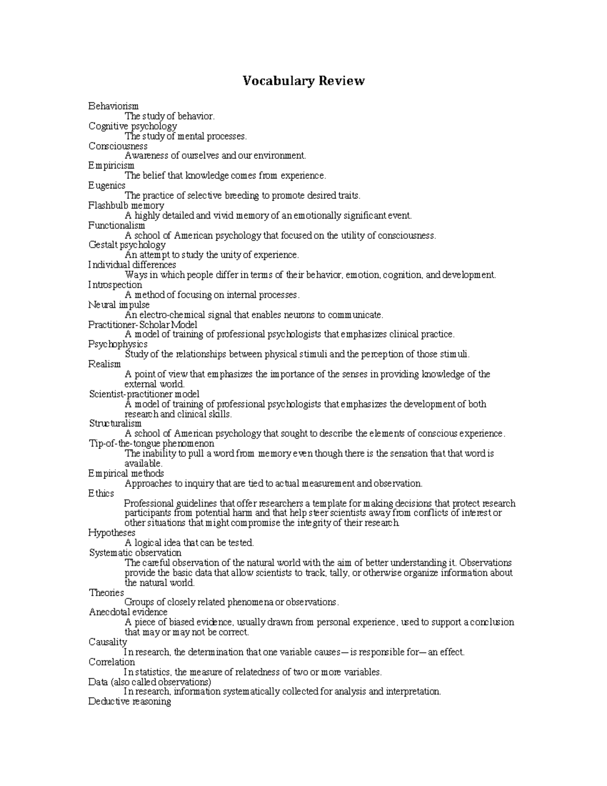 PSY2012 Vocabulary Review - Vocabulary Review Behaviorism The study of ...