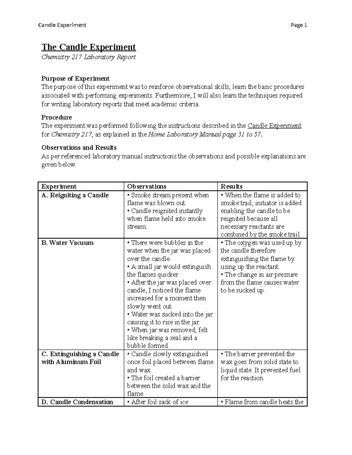 Chemistry 217 - The Candle Experiment - Candle Experiment Page 1 The ...