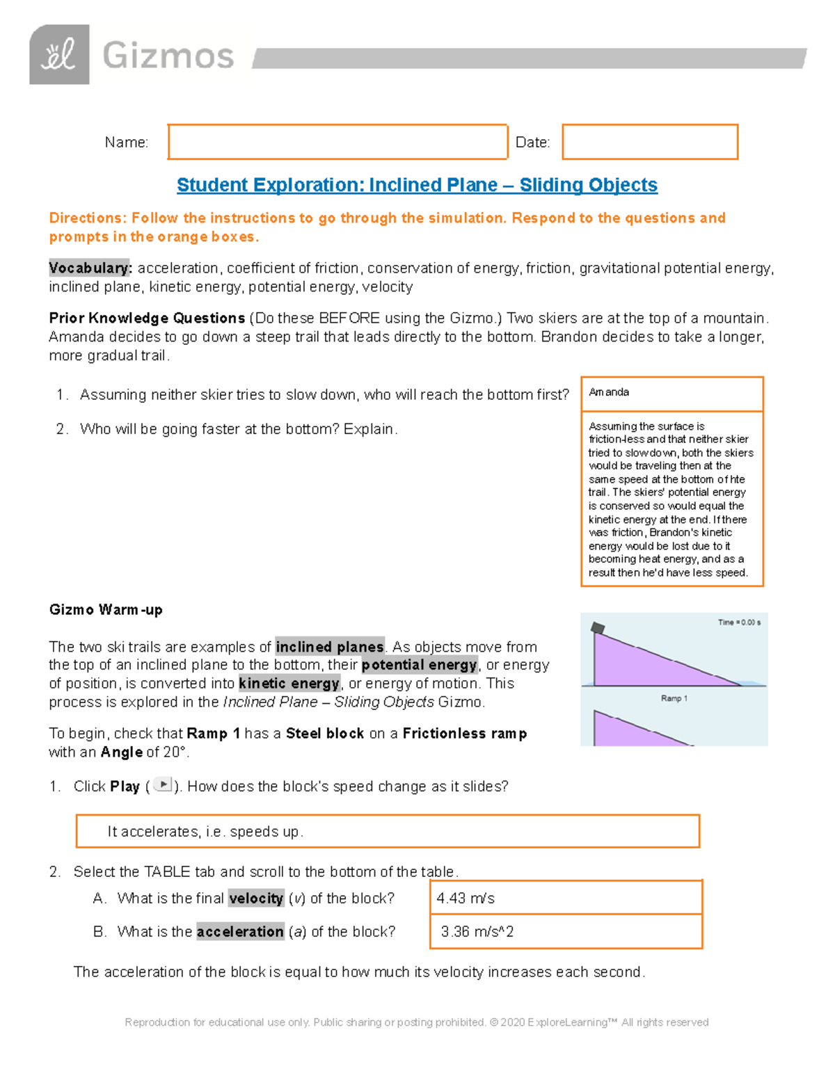 Student Exploration Inclined Plane – Sliding Objects - Name: Date ...