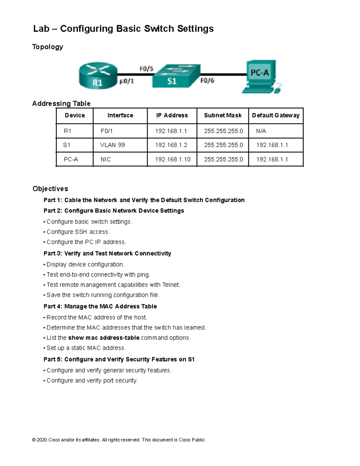 Lab 7 Configuring Basic Switch Settings And Security Features Lab Configuring Basic Switch