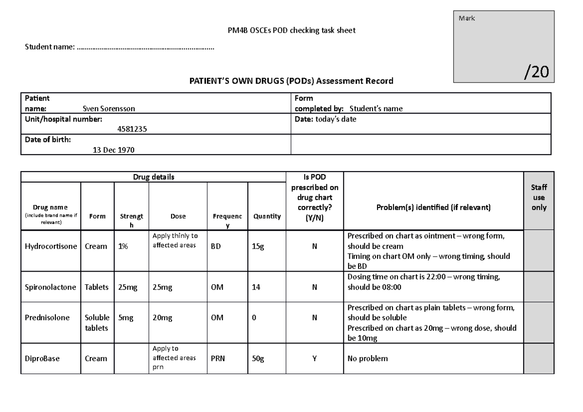 checking hands on task answer sheet - PM4B OSCEs POD checking task ...