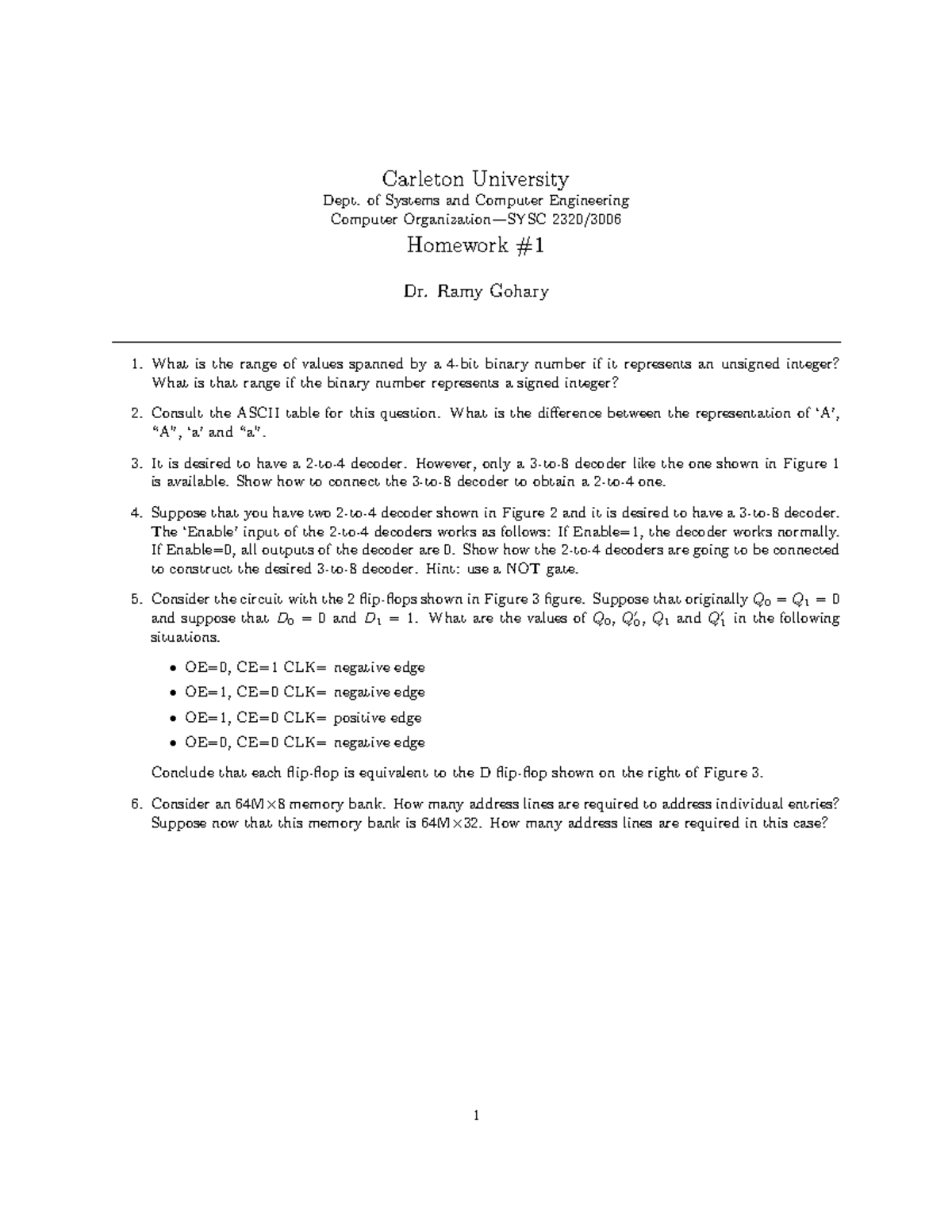 Homework 1 - Carleton University Dept. of Systems and Computer Engineering Computer - Studocu
