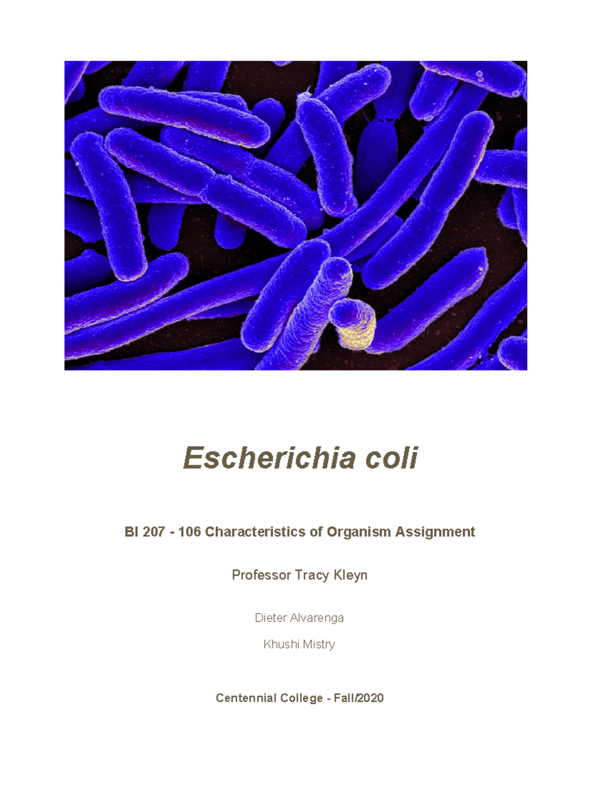Characteristics of Organism Assignment - Escherichia coli BI 207 - 106 ...