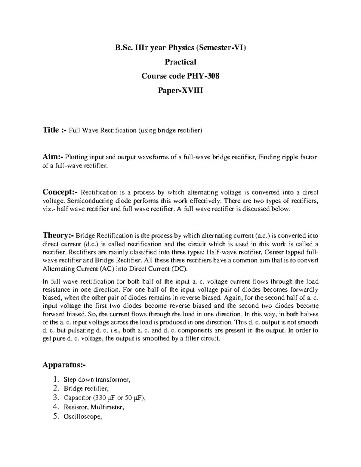 Physics paper Xviii - B. IIIr year Physics (Semester-VI) Practical Course code PHY- 308 Paper ...