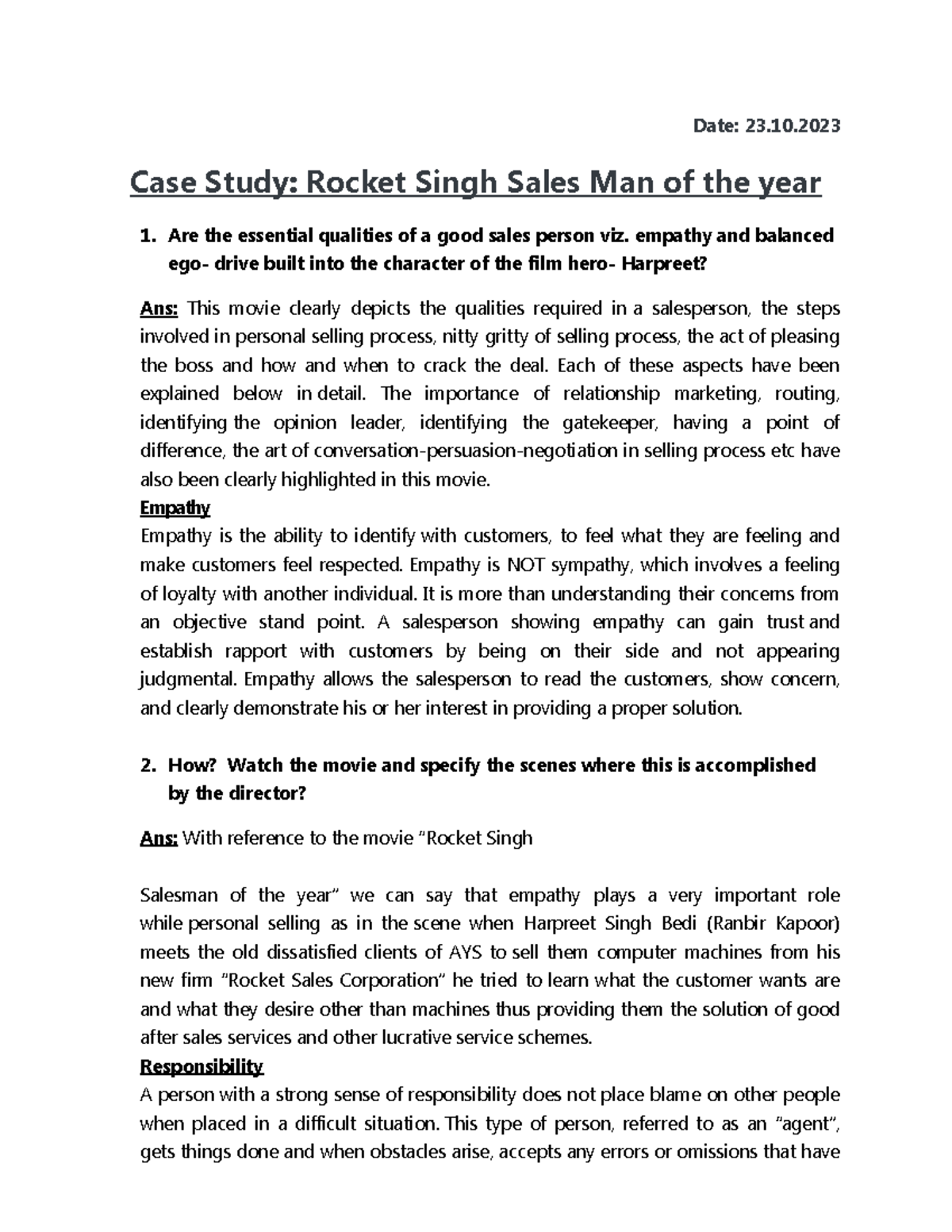Case Study - Rocket Singh Sales Man of the year - Date: 23. Case Study ...