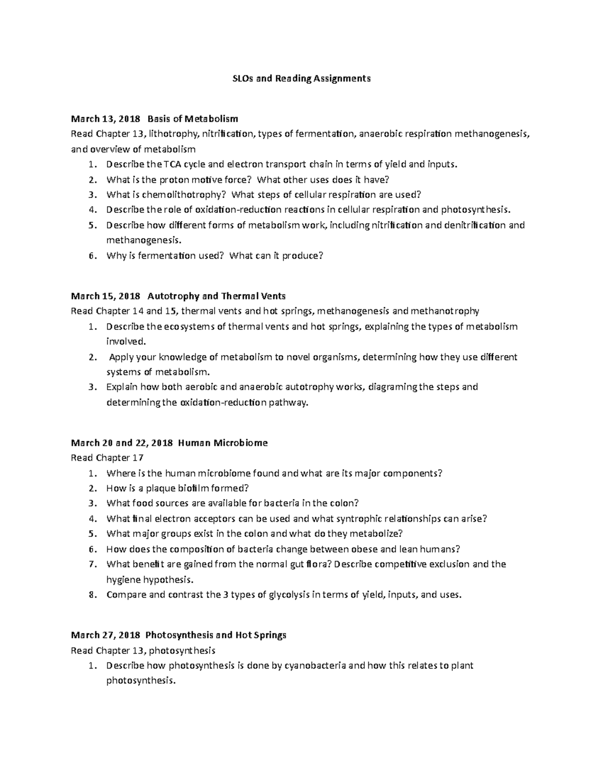 SLOs+14-16 2 1 - Lecture notes 1 - SLOs and Reading Assignments March ...