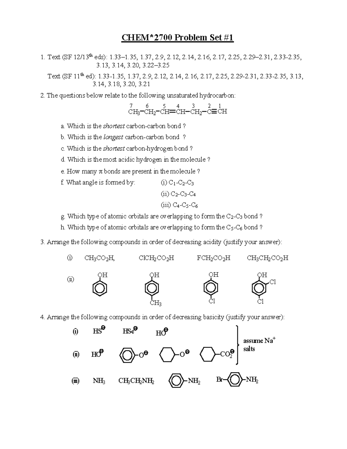 problem solving set 1 - CHEM*2700 Problem Set Text (SF 12/13th eds): 1–1, 1, 2, 2, 2, 2, 2, 2, 2 ...