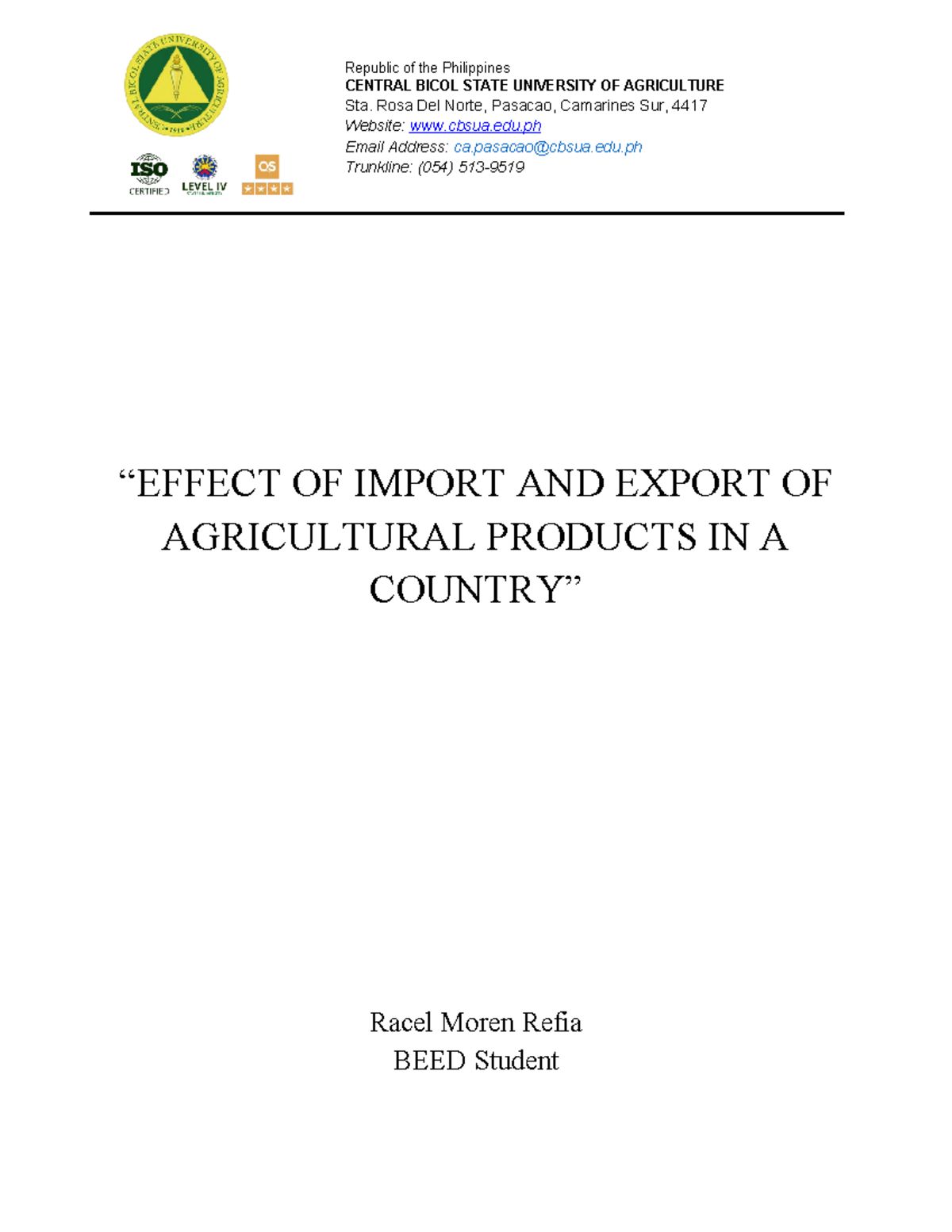 Academic Paperwork - “EFFECT OF IMPORT AND EXPORT OF AGRICULTURAL ...