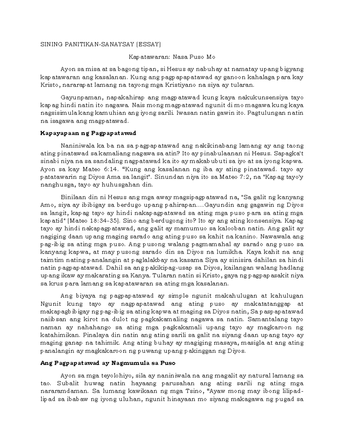 Sining Panitikan - Sagutin ng tama - SINING PANITIKAN-SANAYSAY (ESSAY ...