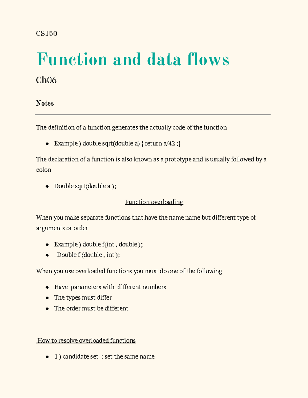 Class notes - chapter focues on how to write functions in c++ including ...