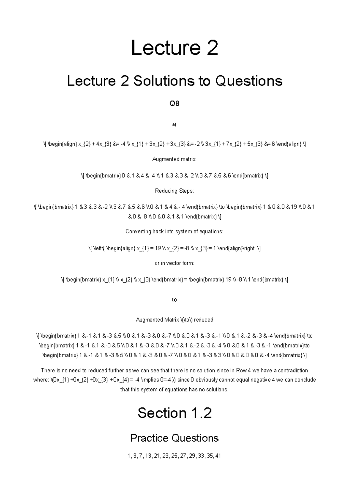 Practice Q's - Uhh there is stuff. - Lecture 2 Lecture 2 Solutions to Questions Q a) [ \begin ...