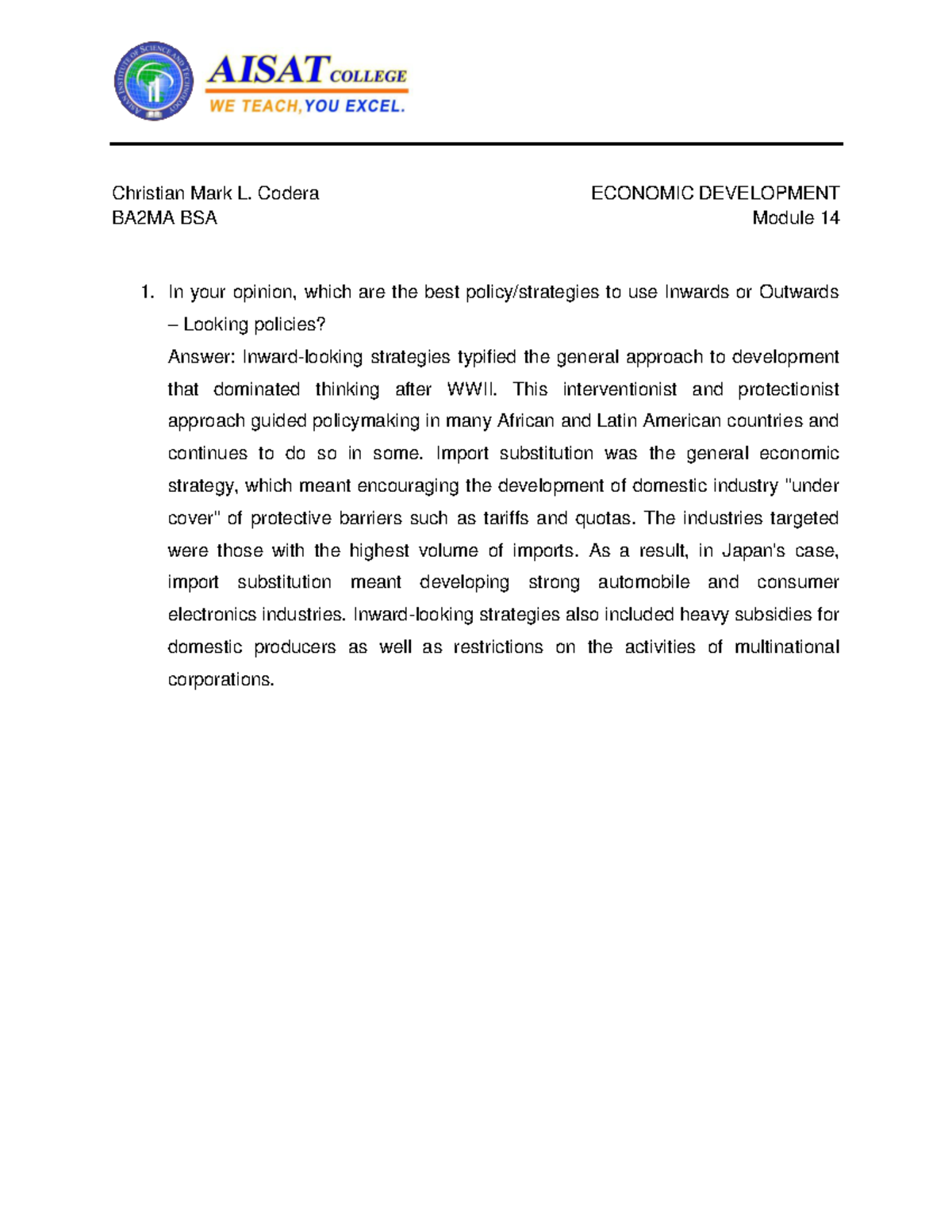 ED- Codera- Module 14 - Christian Mark L. Codera ECONOMIC DEVELOPMENT ...