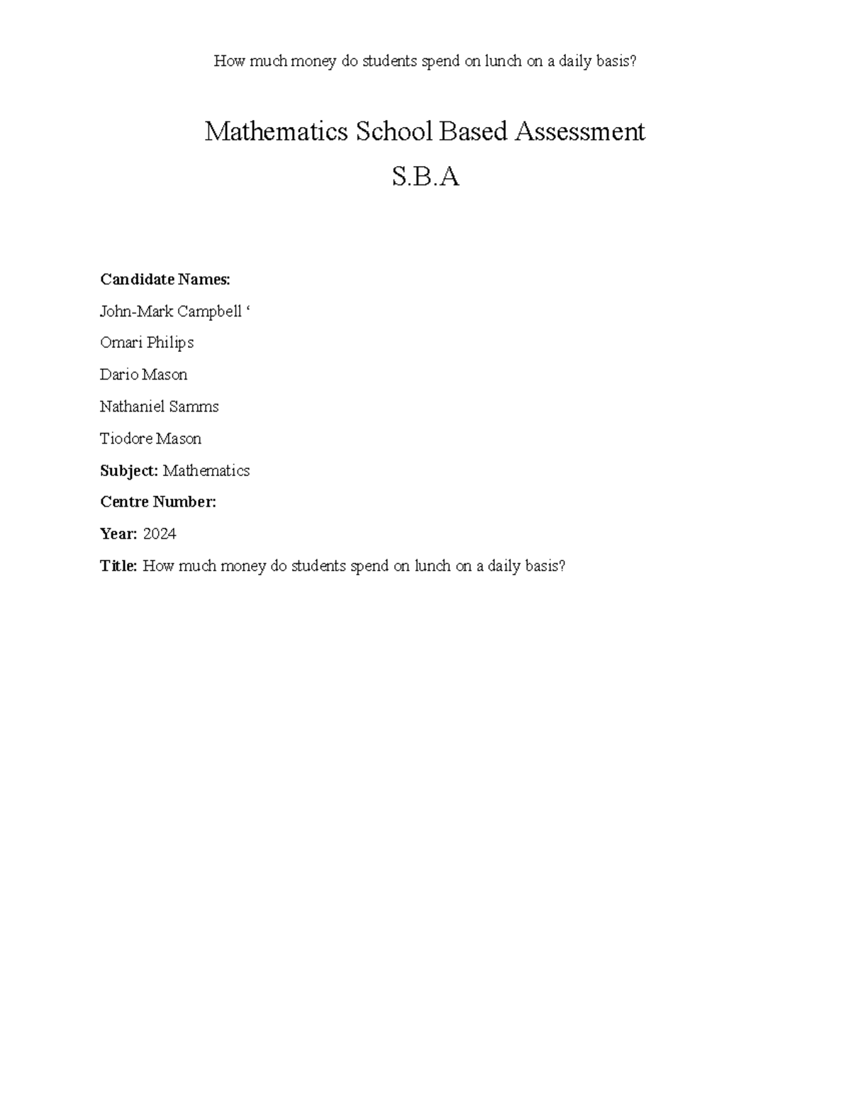 Maths SBA-1 - Mathematics School Based Assessment S.B Candidate Names ...