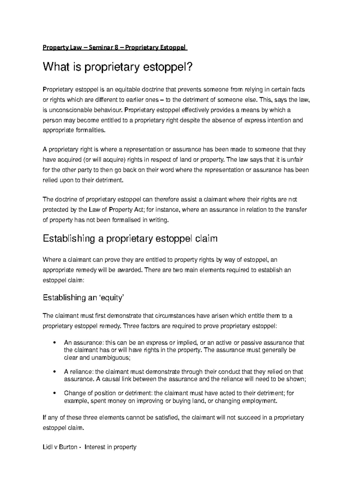 Property Law - Propriertary Estoppel - Property Law Seminar 8 ...