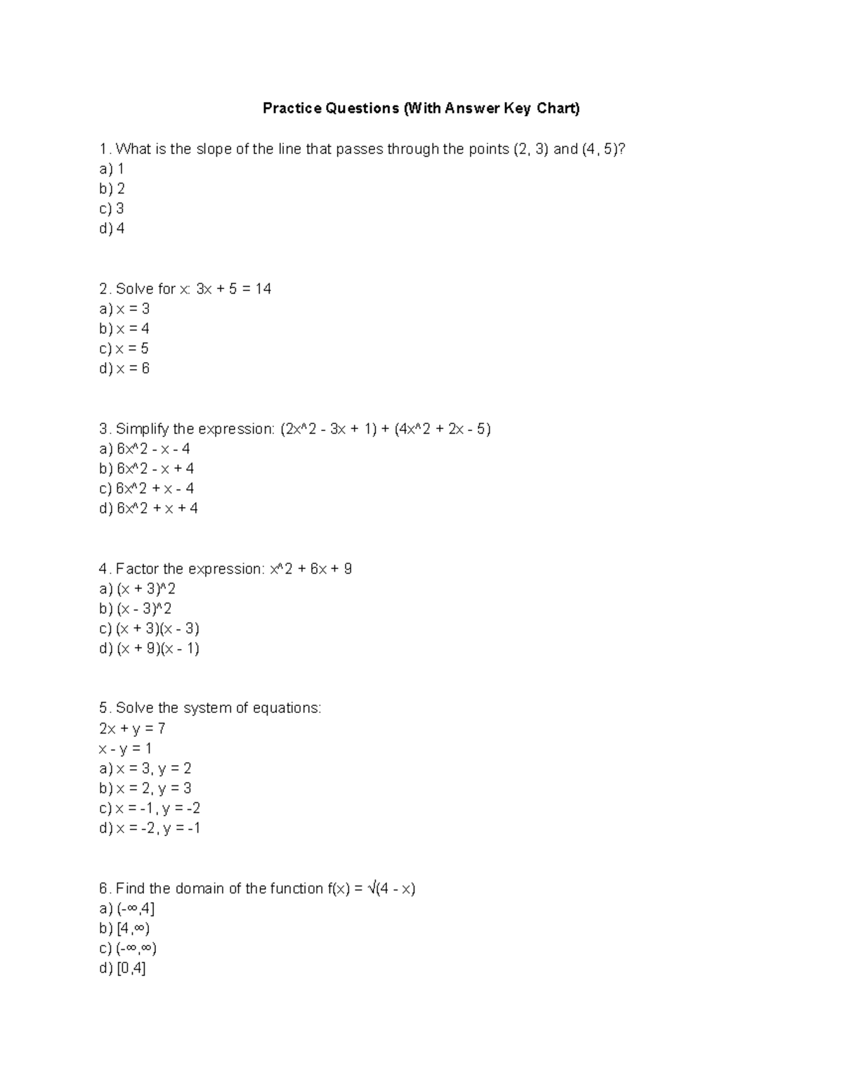 Practice Questions (With Answer Key Chart) - Studocu