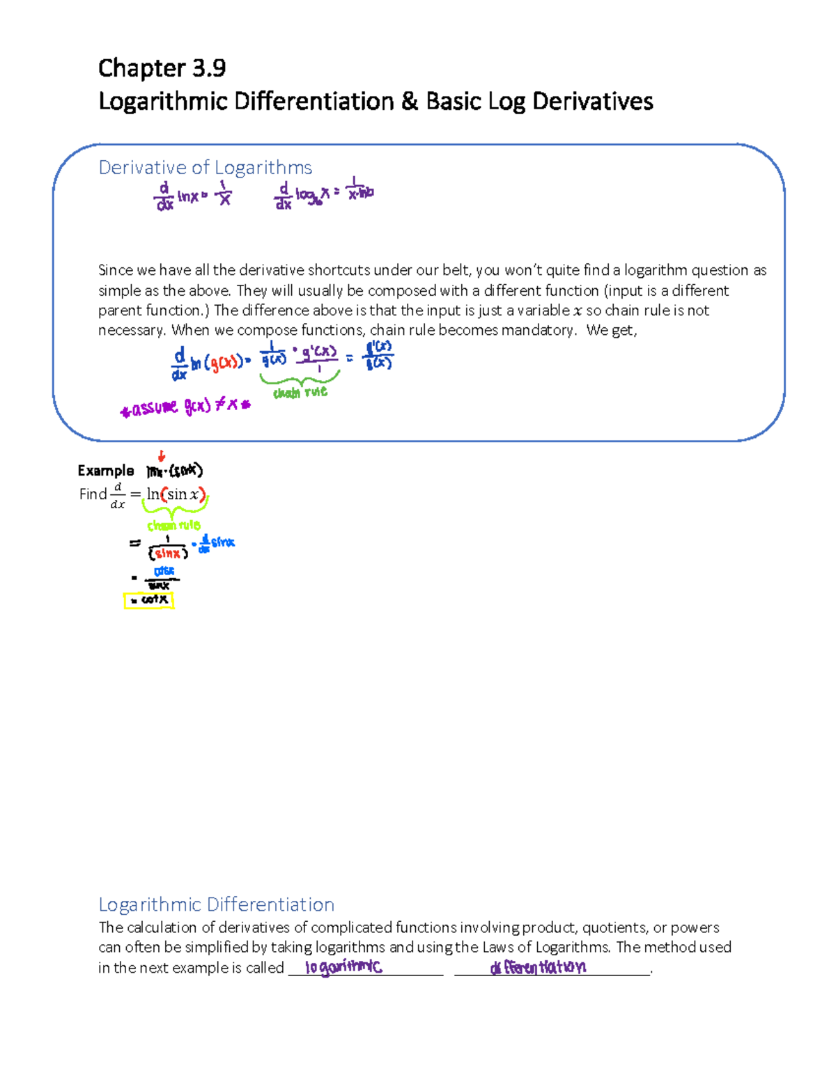 Math lesson 3 - martinez - Chapter 3. 9 Logarithmic Differentiation ...