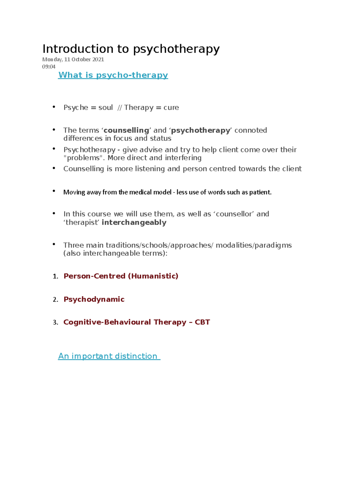 Introduction to psychotherapy - Introduction to psychotherapy Monday ...