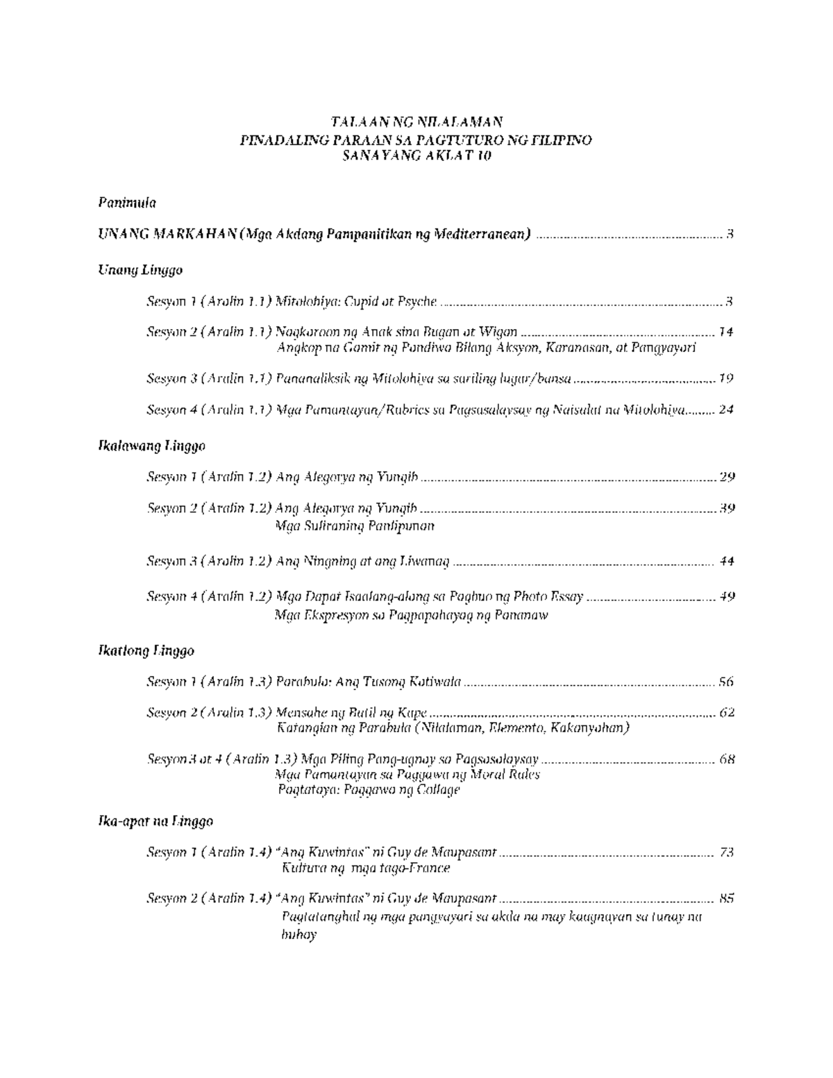 Filipino 10 - Talaan NG Nilalaman - TALAAN NG NILALAMAN PINADALING ...