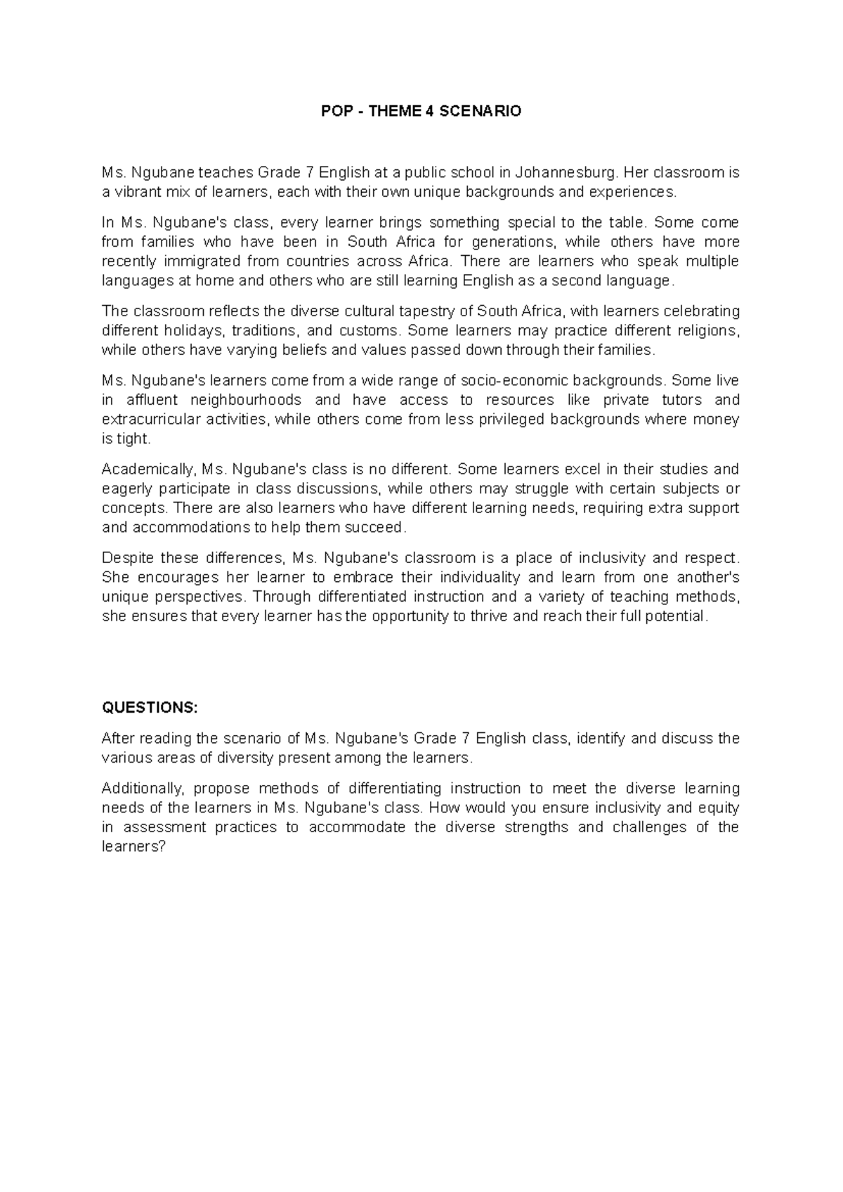 POP Theme 4 Scenario and questions - POP - THEME 4 SCENARIO Ms. Ngubane ...