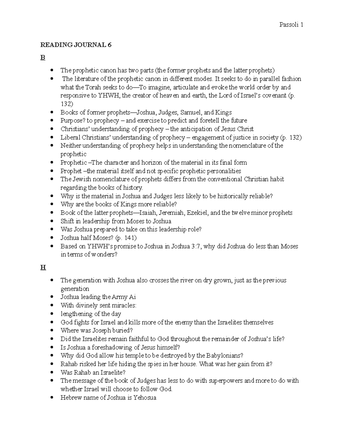 Reading Journal 6 - N/A - Passoli 1 READING JOURNAL 6 B The prophetic ...
