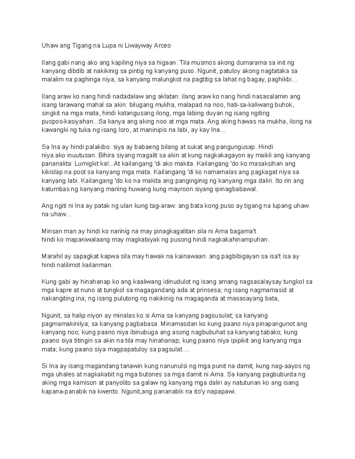 Uhaw na Tigang na Lupa - Tila musmos akong dumarama sa init ng kanyang ...