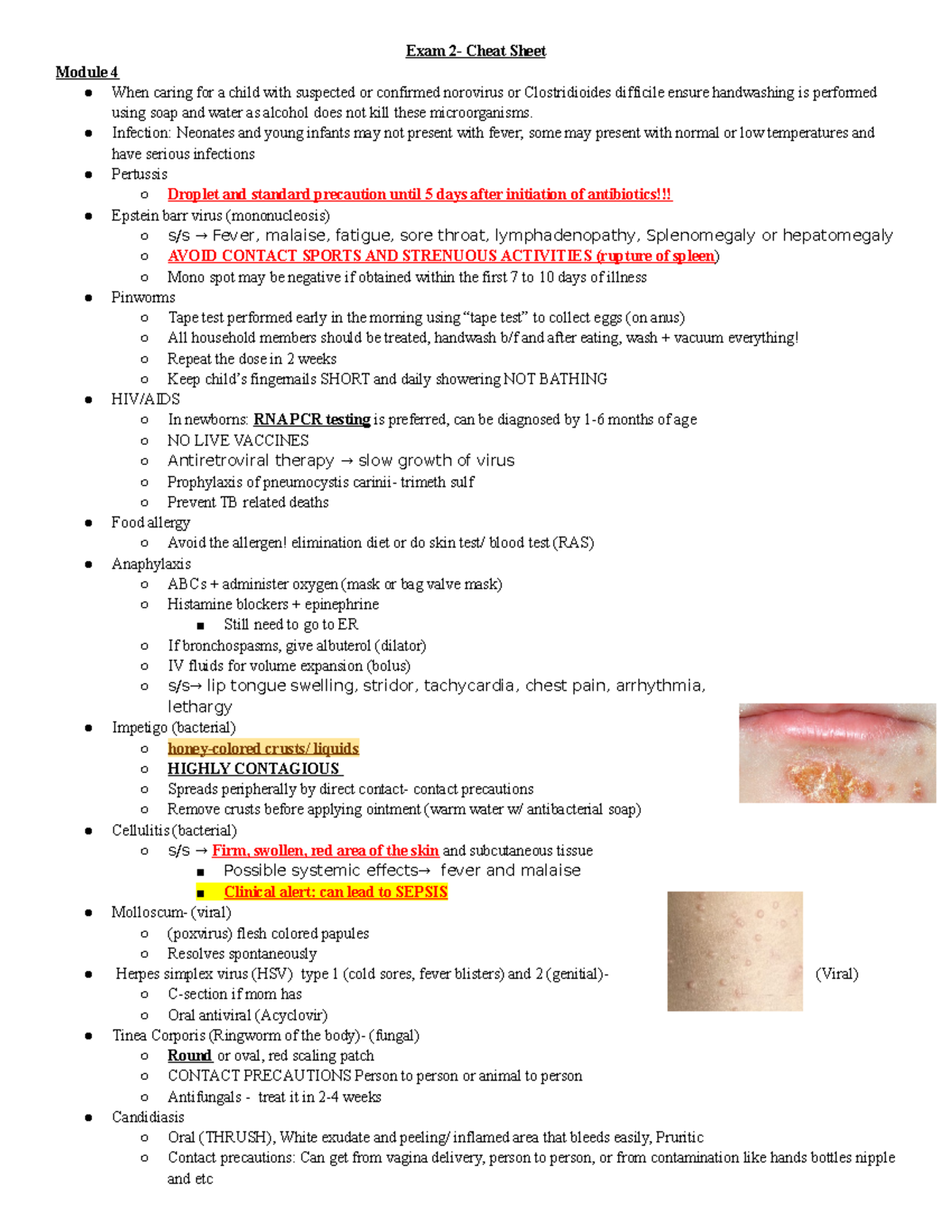 Exam 2- cheat sheet - fffesfs - Exam 2- Cheat Sheet Module 4 When caring for a child with - Studocu