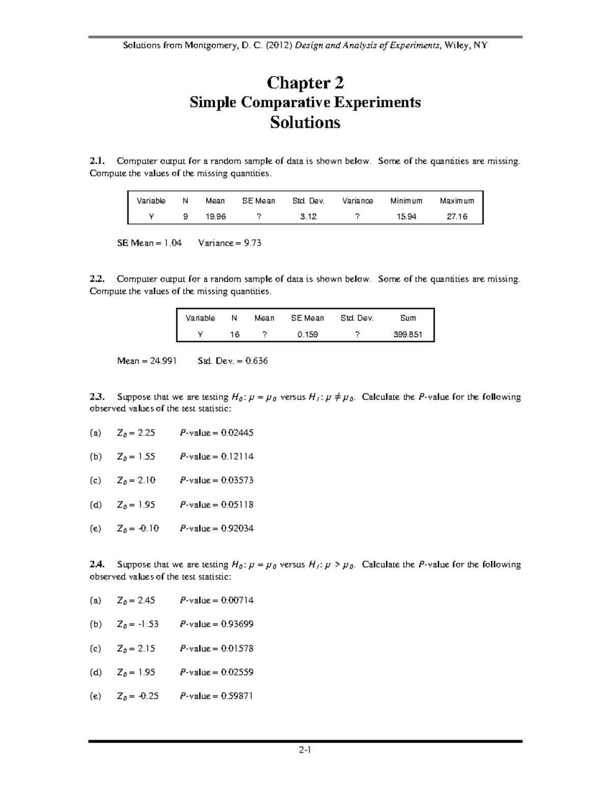 Solutions Manual for Design and Analysis of Experiments 8th ed – Douglas Montgomery - Chapter 2 ...