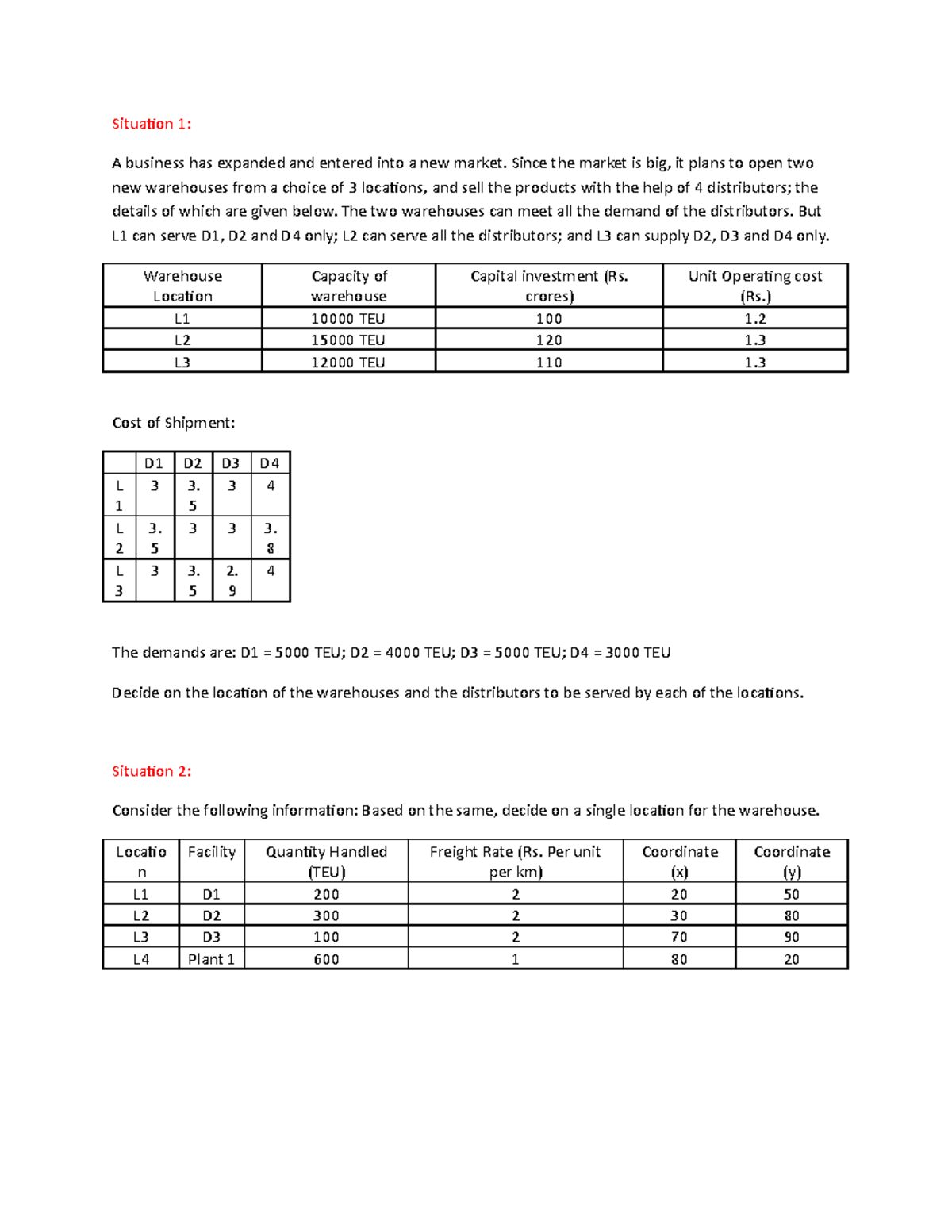 Warehouse Location Problems - IP - Situation 1: A business has expanded ...
