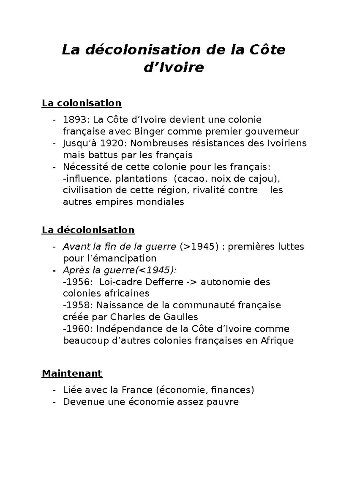 La décolonisation handout - La décolonisation de la Côte d’Ivoire La ...