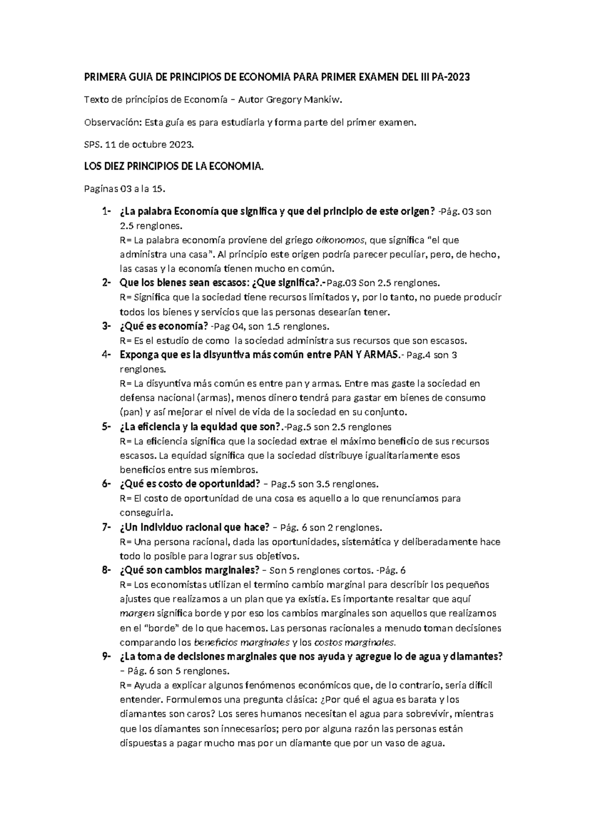 Primera GUIA DE Principios DE Economia PARA Primer Examen DEL III PA - PRIMERA GUIA DE ...