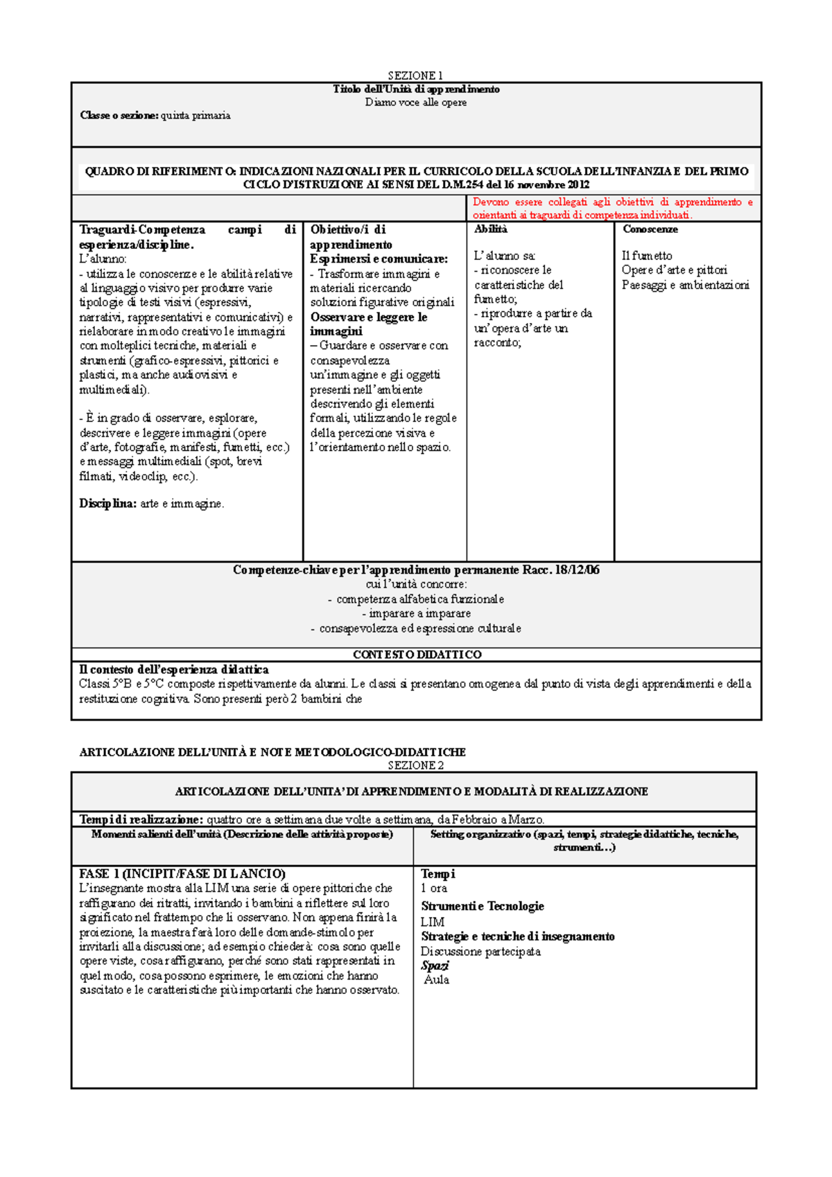 UDA primaria arte - Unità di apprendimento da inserire nella progettazione - SEZIONE 1 Titolo ...