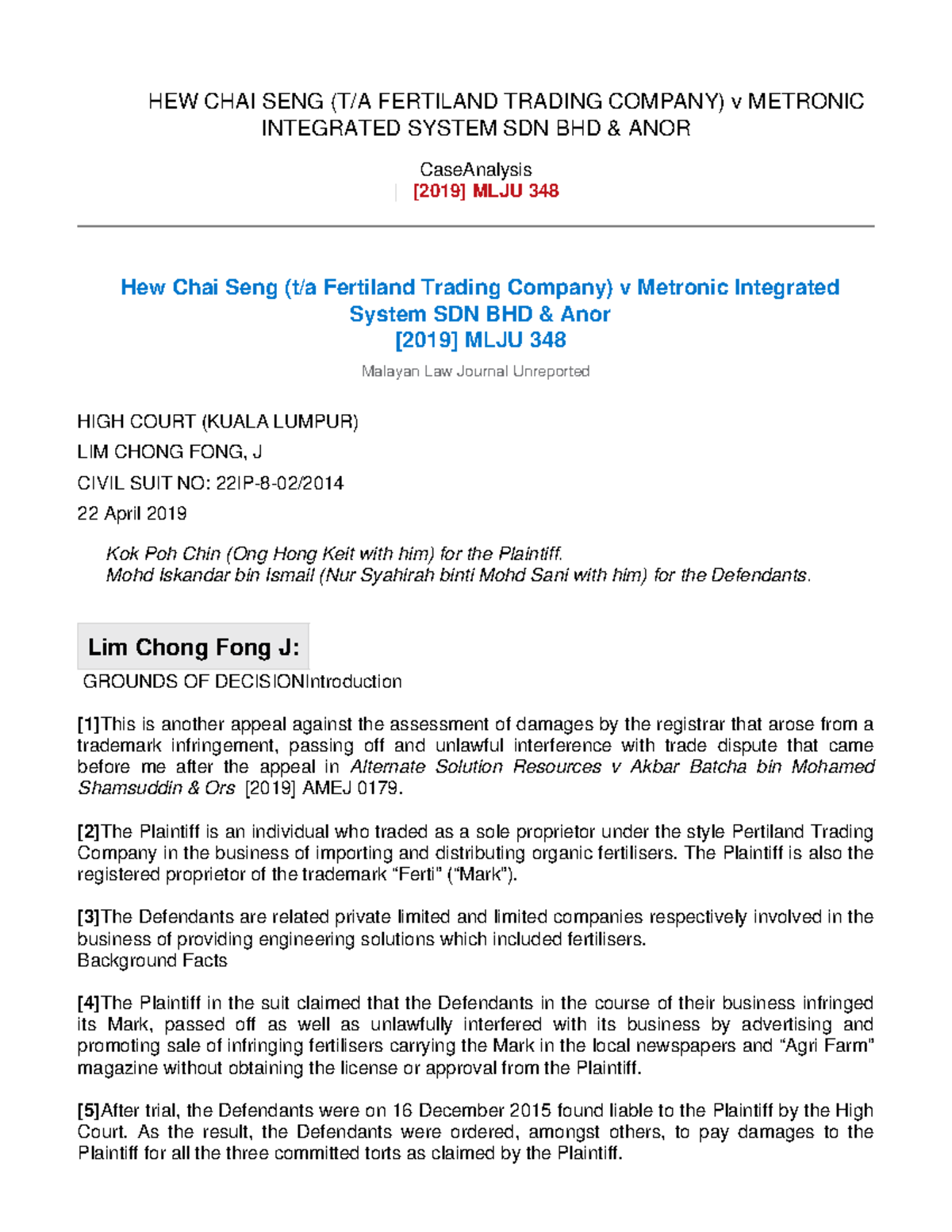 Hew Chai Seng (t a Fertiland Trading Company) v Metroni - HEW CHAI SENG ...