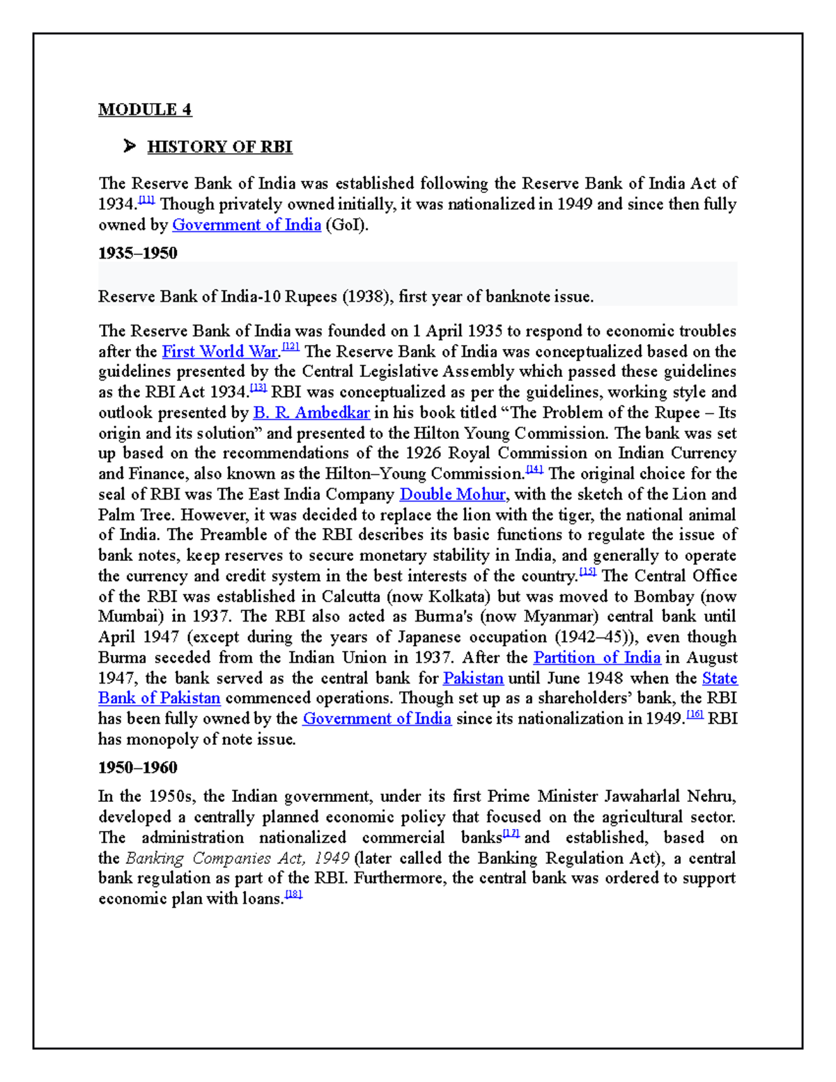History of RBI and SEBI - MODULE 4 HISTORY OF RBI The Reserve Bank of ...