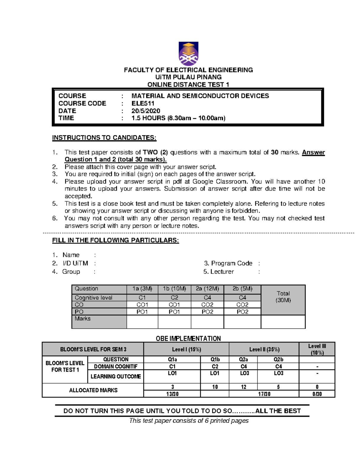 Compilation of Test 1 - Eee4111 - FACULTY OF ELECTRICAL ENGINEERING ...